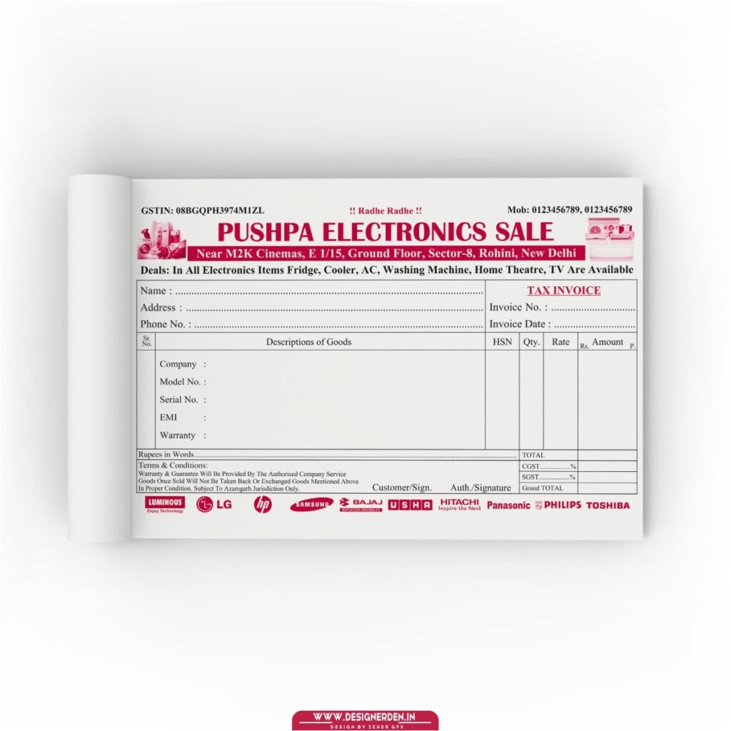 Electronics Shop Bill Book CDR File With Font